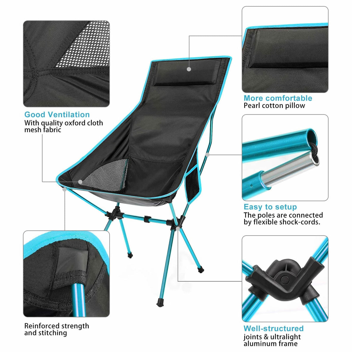 Lightweight Portable Camping Chair Outdoor Folding Backpacking High Ba